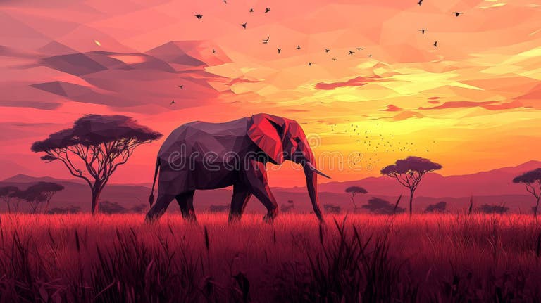 African Elephant at Sunset in Pixel Art Style Stock Illustration ...