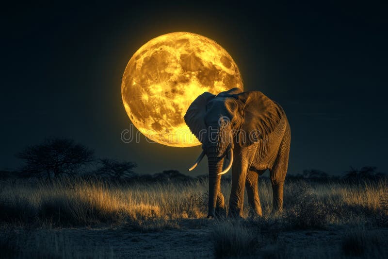African Elephant Walking in the Savannah Under the Full Moon Stock ...