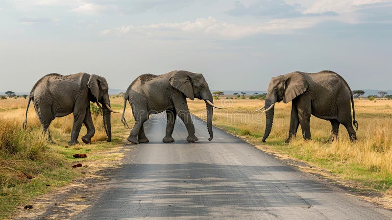 African Elephants Crossing the Road Stock Photo - Image of grassland ...