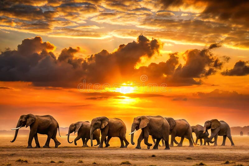 African Elephants Herding at Sunset in Savanna Stock Illustration ...