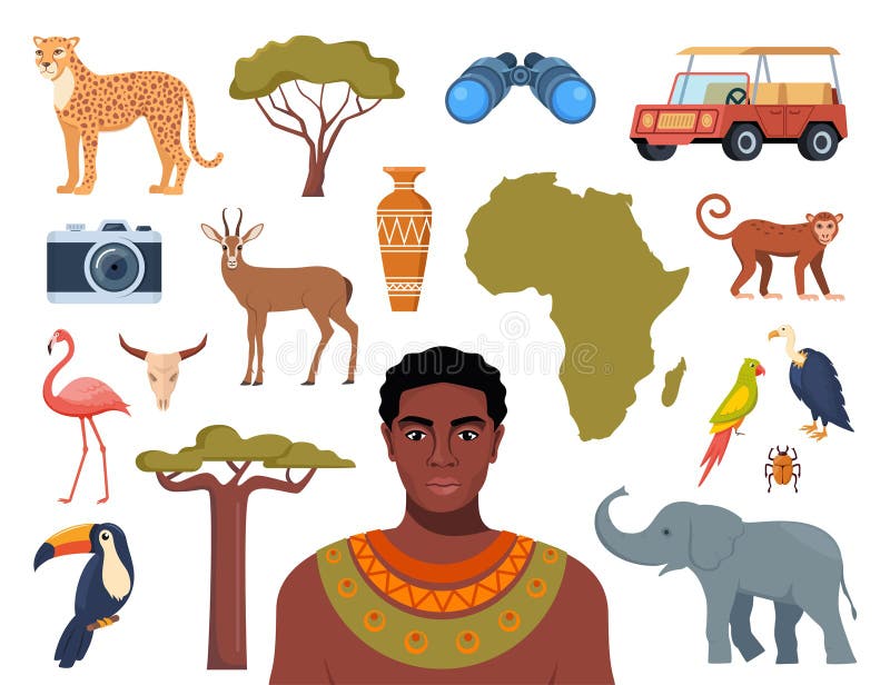 African Ethnic Style Icons. African Map, Trees, People, Animals, Birds ...