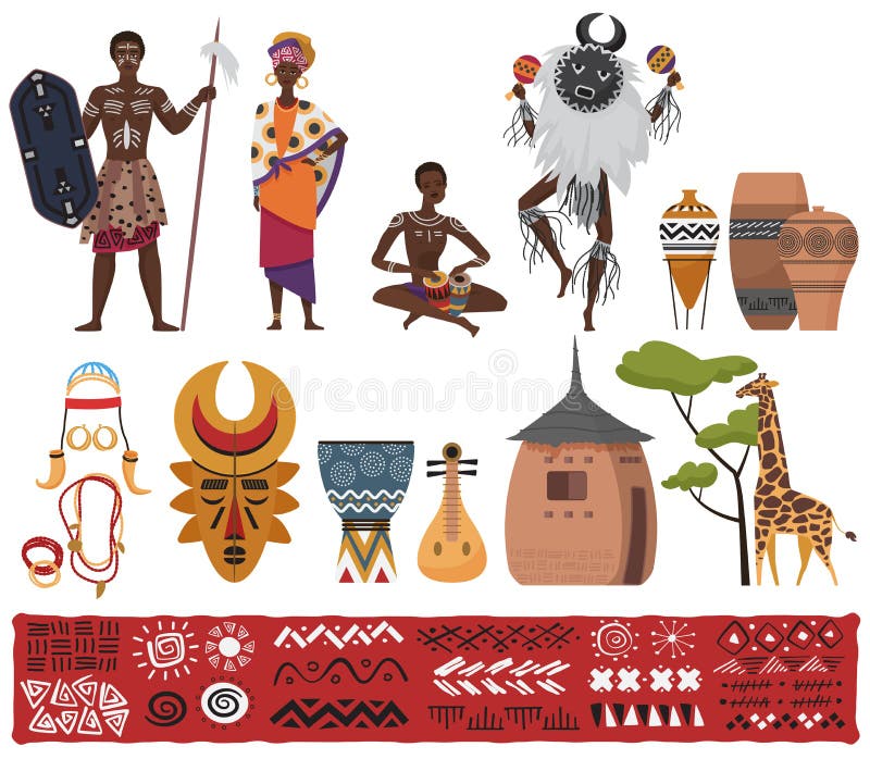 African People Dance In Ethnic Abstract Tribal Pattern Set Folk