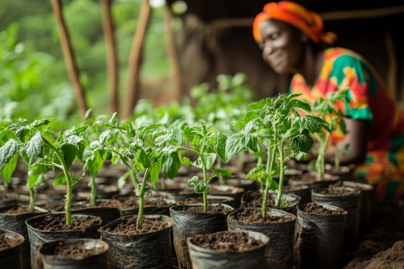 African Farmer Taking Care of Tomato Seedlings Growing in Plastic ...