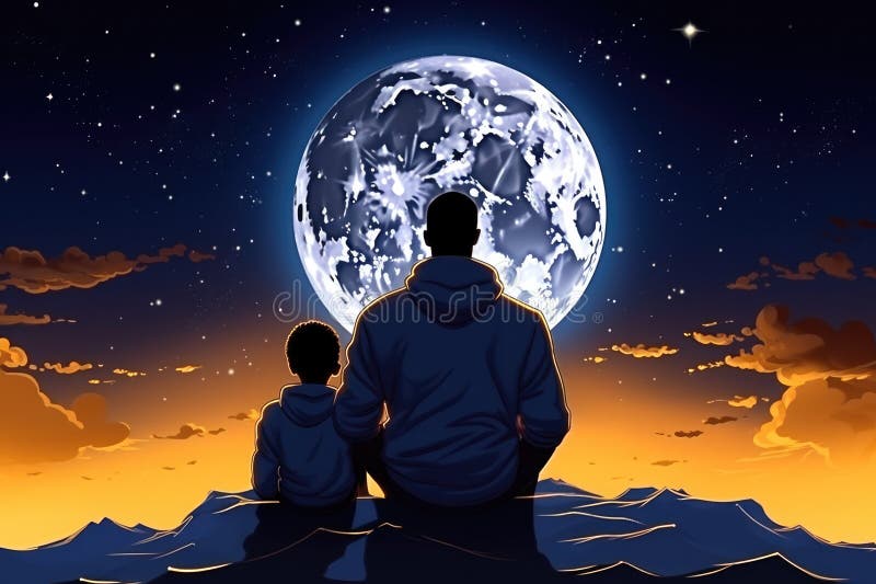 African Father and Son Sit in a Tracksuits on the Big Moon Background ...