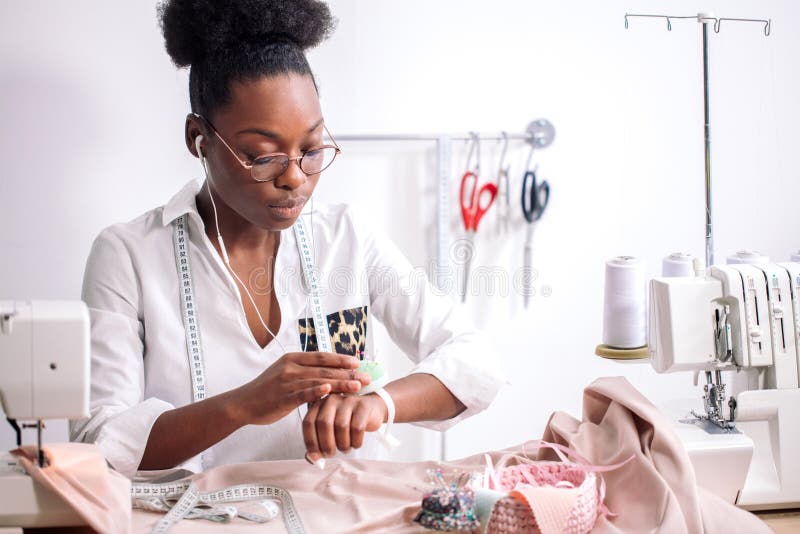 Sewing Fabric with Needle at Seamstress Workplace Stock Image - Image ...