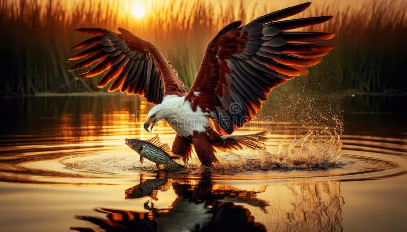 An African Fish Eagle Catching a Fish at Sunset Stock Image - Image of ...