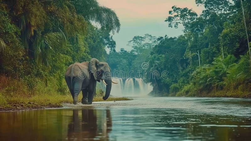 African Forest Elephant Walking in River in Front of Waterfall Stock ...