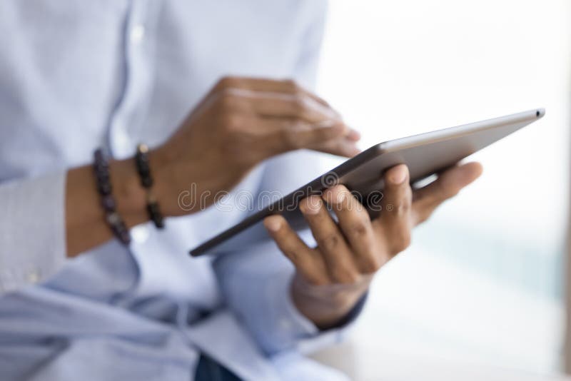 African Gadget User Man Holding Tablet Computer, Touching Screen Stock ...