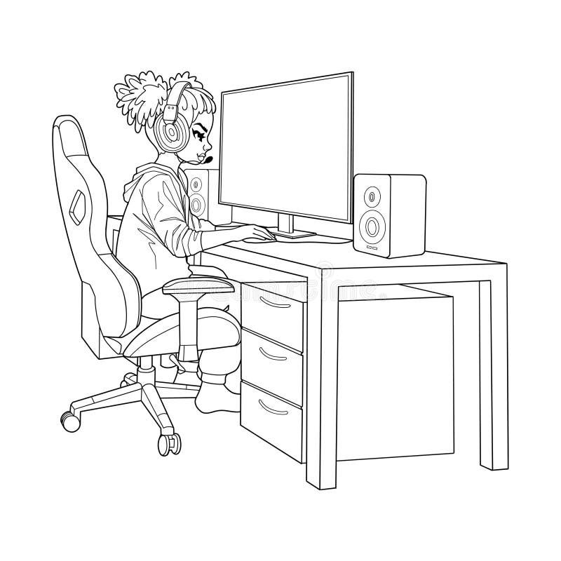 African Gil Gamer or Streamer with a Headset Sits in Front of a ...