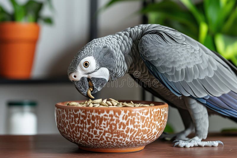 African Grey Parrot Enjoying Seeds from Ceramic Bowl on Wooden Table ...