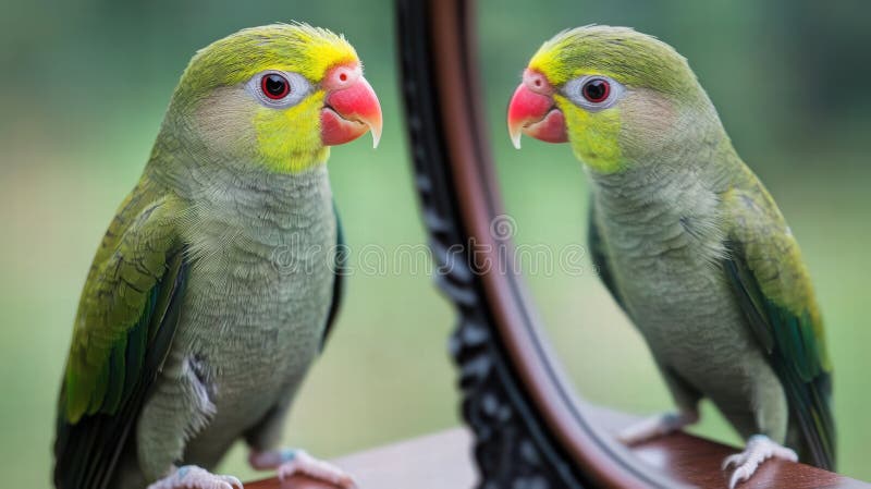 African Grey Parrot Looking at Himself in the Mirror Stock Photo ...