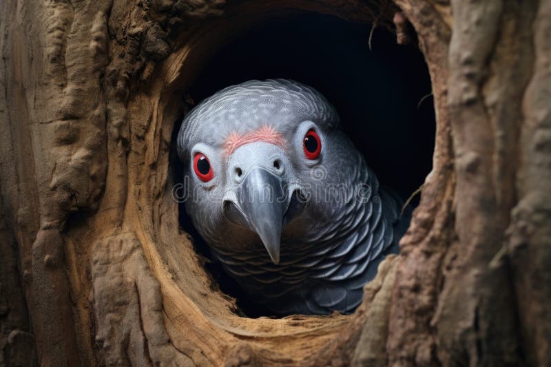 An African Grey Parrot Peering from Its Nest in a Tree Hole Stock Photo ...