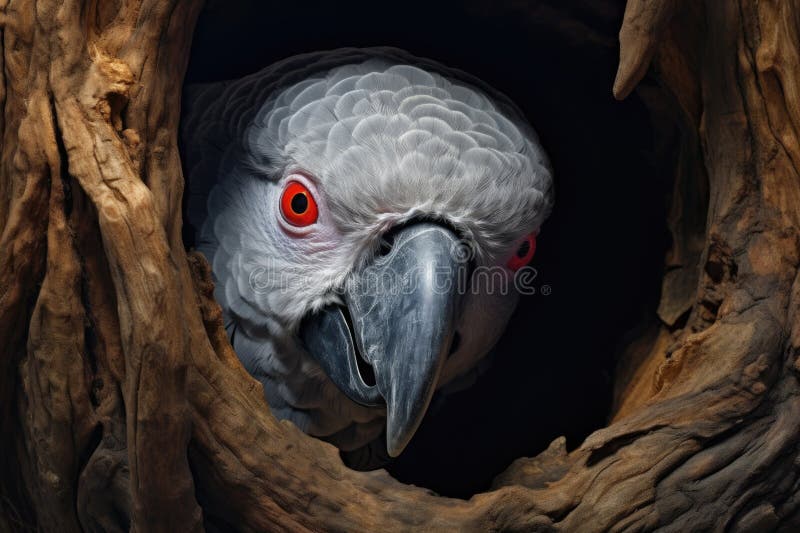 An African Grey Parrot Peering from Its Nest in a Tree Hole Stock Image ...