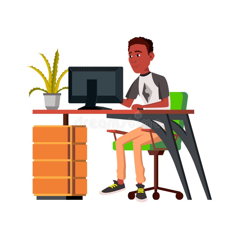 African Guy Working on Computer at Desk Cartoon Vector Stock Vector ...