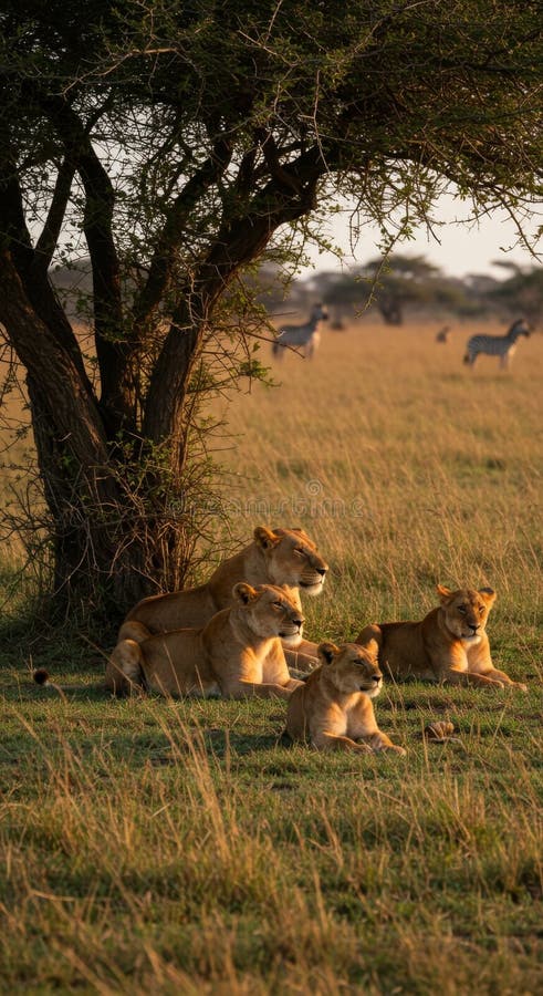 African Lion Pride Resting Under a Tree at Sunset Stock Illustration ...