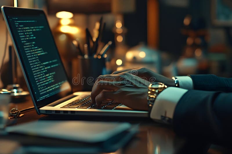 African Male Coder in Office Setting Working on Laptop at Night Stock ...