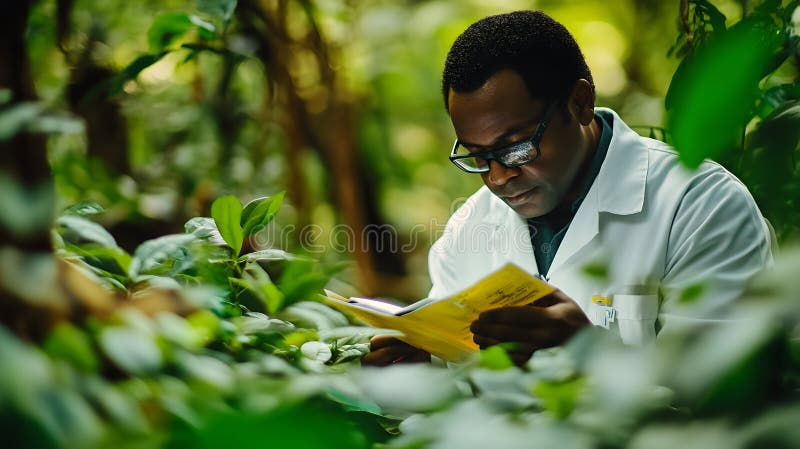 African Male Scientist in Jungle Conducting Research with a Notebook ...