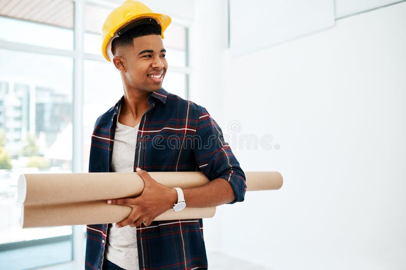African Man, Architect and Rolls in Office with Smile, Thinking or ...