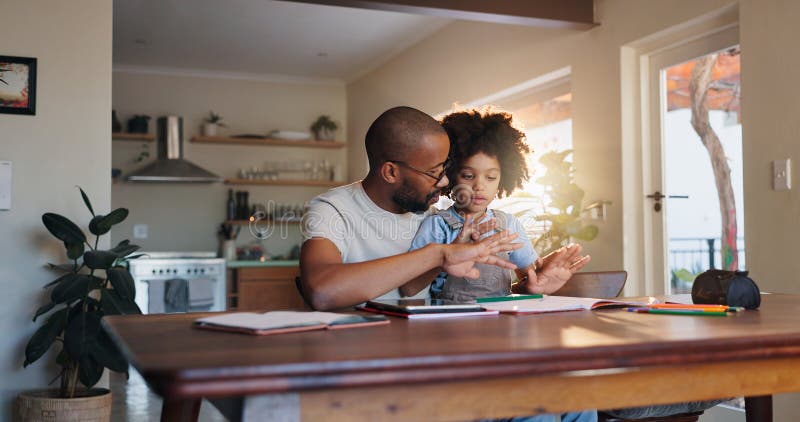 African Man, Child and Math Homework with Helping Hand, Counting and ...