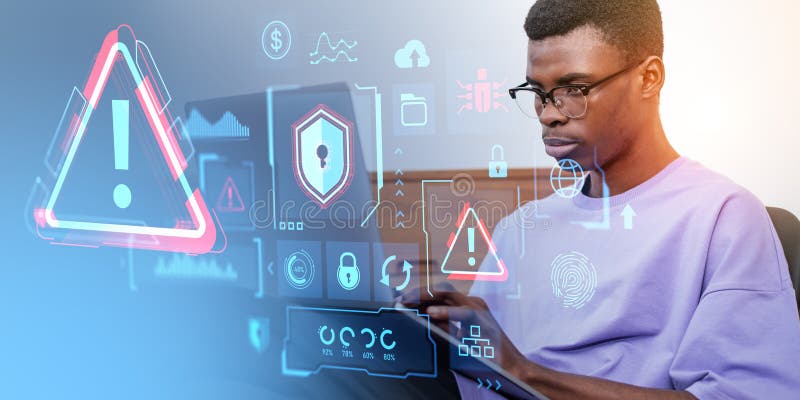 African Man with Laptop and Cybersecurity Interface Stock Photo - Image ...