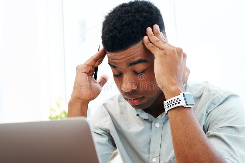 African Man, Laptop and Headache at Office with Stress, Deadline or ...
