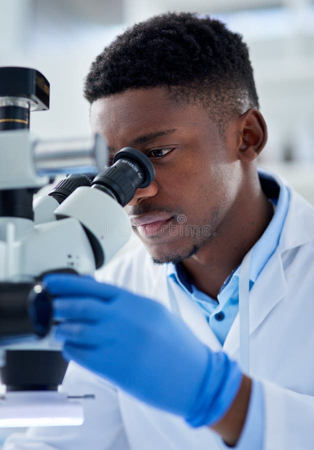 African Man, Scientist and Microscope in Lab with Analysis for Test ...