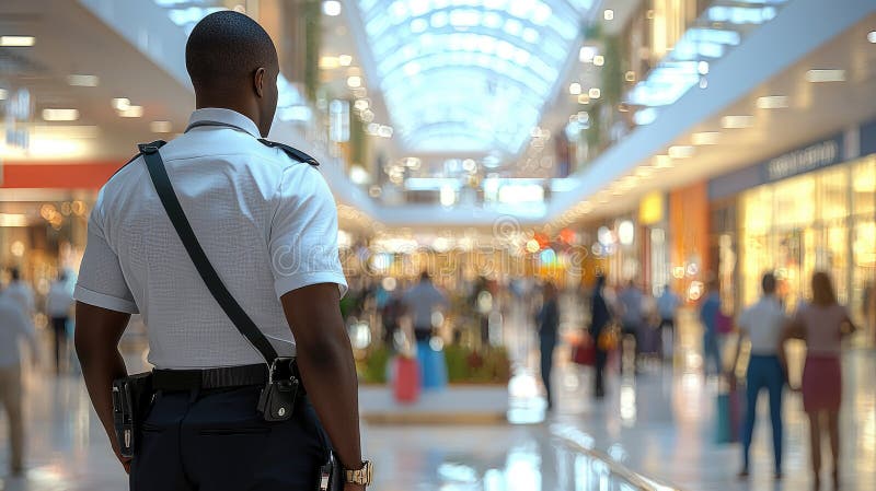 African Man Security Guard in Uniform Observing Busy Shopping Mall ...