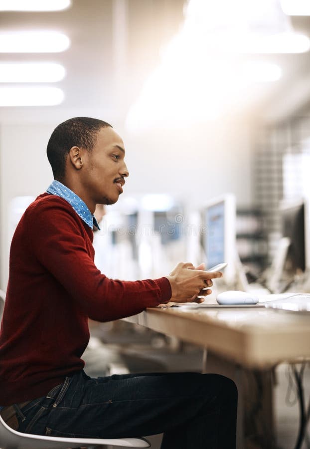 African Man, Student and Phone in Library with Computer, Reading and ...