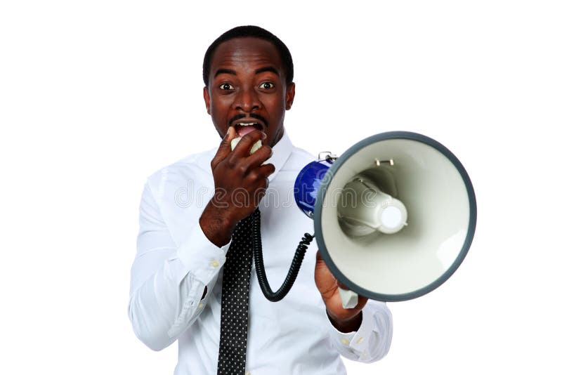 Man yelling into megaphone stock image. Image of inform - 13484263