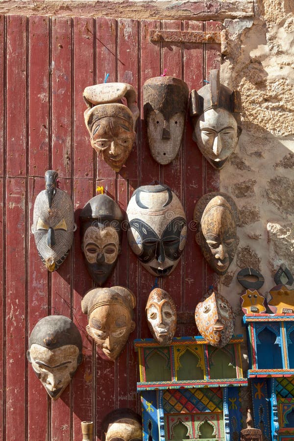 African Masks for Sale at a Moroccan Souk Stock Photo - Image of ...