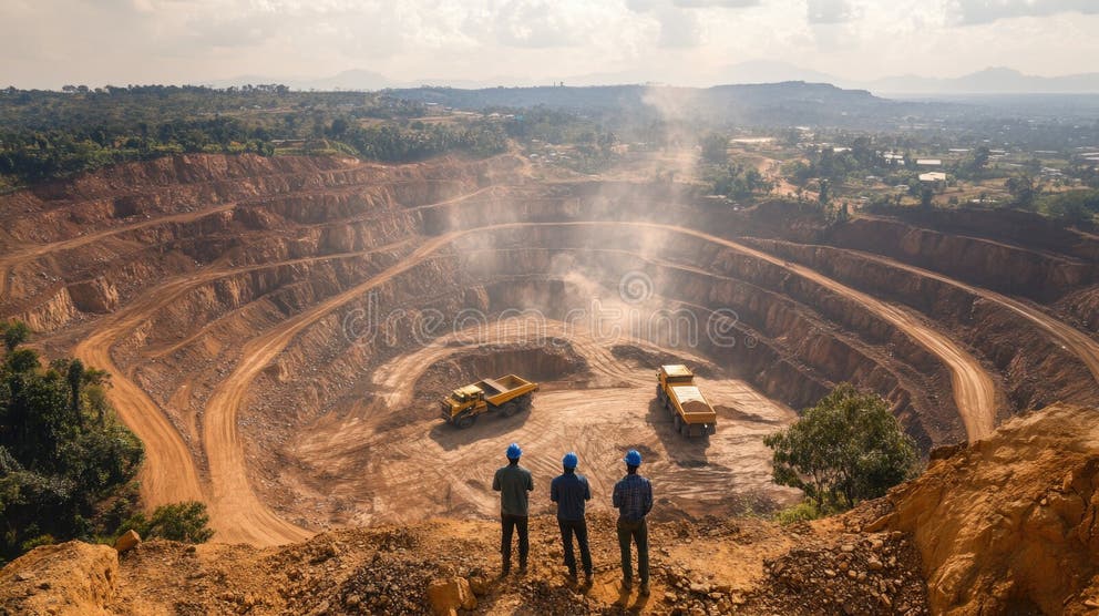 African Mine: Workers Overseeing Open-pit Mining Operations with Trucks ...