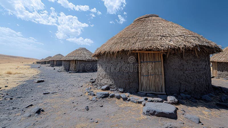 African Mud Huts Under a Bright Sky Stock Illustration - Illustration ...