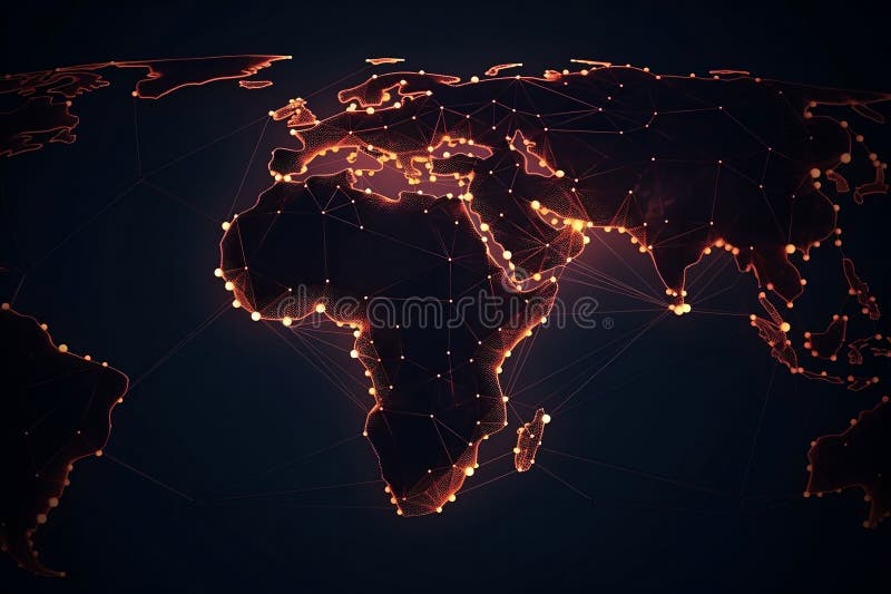 African Network Map: Dark-themed Background with Connected Server Nodes ... African Network Map: Dark-themed Background with Connected Server Nodes ...