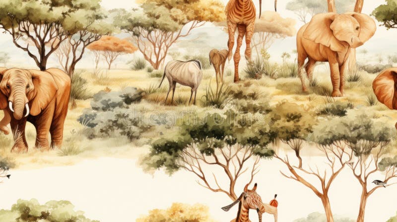 African Safari Animals Watercolor Seamless Pattern AI Generated Stock ...