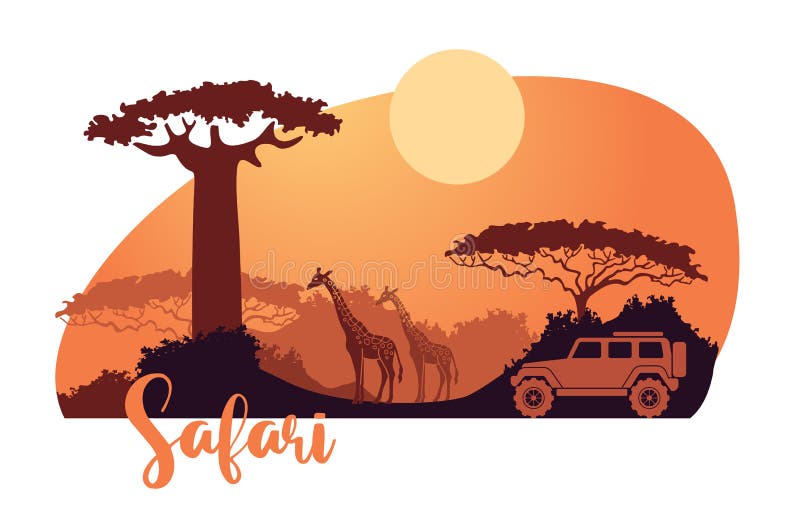 African Safari Silhouetes with an SUV and Giraffe at Sunset Stock ...