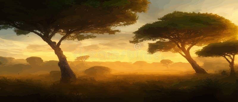 African Savanna. Grass, Acacia Trees and River. Realistic Vector ... African Savanna. Grass, Acacia Trees and River. Realistic Vector ...