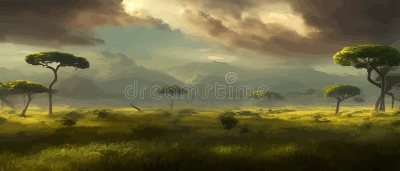 African Savanna. Grass, Acacia Trees and River. Realistic Vector ... African Savanna. Grass, Acacia Trees and River. Realistic Vector ...