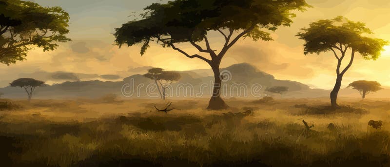 African Savanna. Grass, Acacia Trees and River. Realistic Vector ... African Savanna. Grass, Acacia Trees and River. Realistic Vector ...