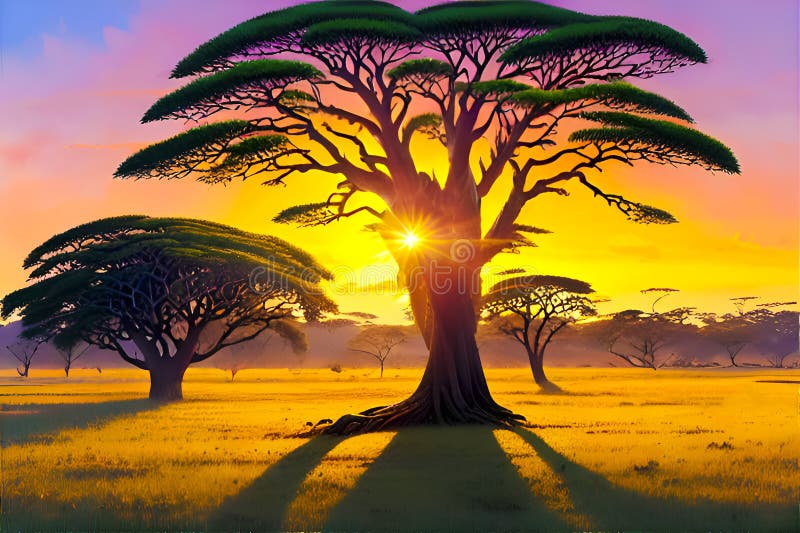 African savanna at sunset stock illustration. Illustration of morning ...