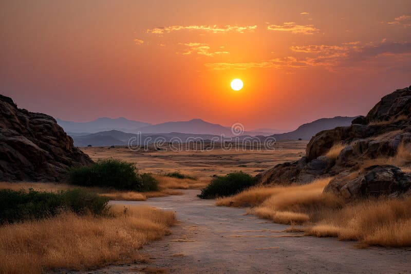 African Savanna Sunset Landscape with Dirt Road Stock Illustration ...