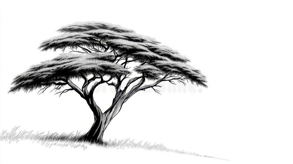 African Savanna Tree, Ink Drawing Stock Photo - Image of roots ...