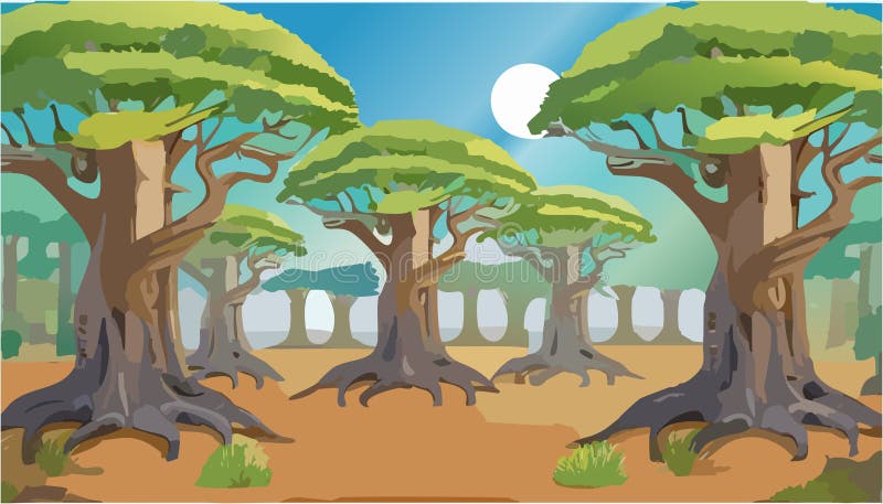 African Savannah with Baobab Trees and Grass. Vector Illustration Stock ...