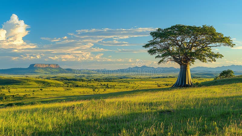 In the African Savannah, a Grand Baobab Bonsai Tree Features a Thick ...