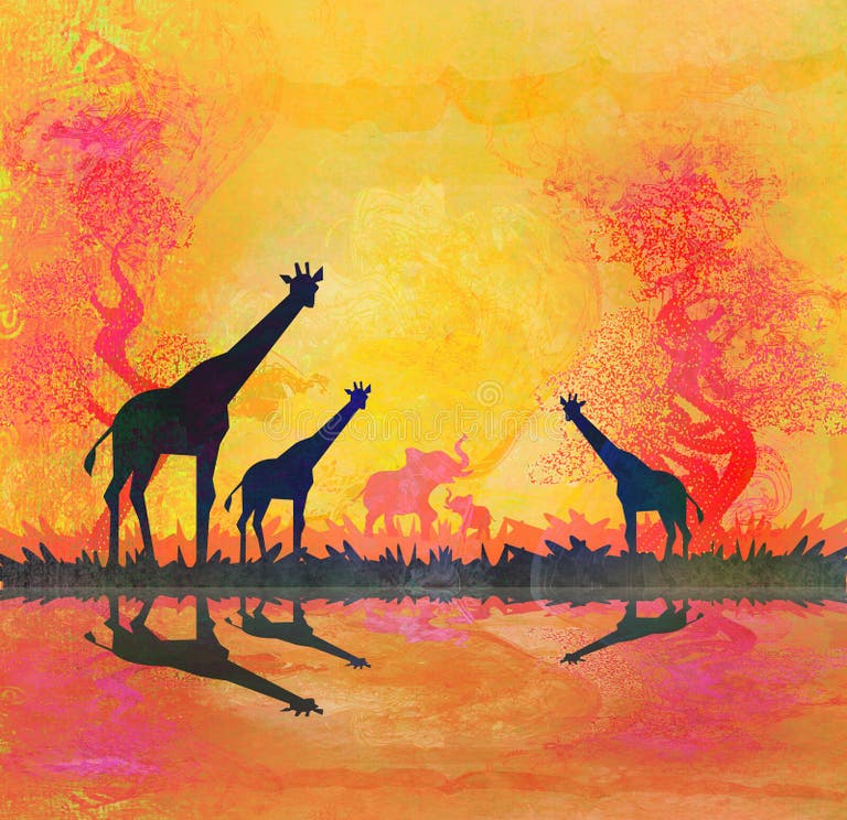 African Savannah with Reflection Stock Illustration - Illustration of ...