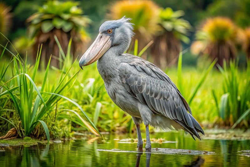 African Shoebill Wading in Marsh, Plants, and Foliage Stock ...