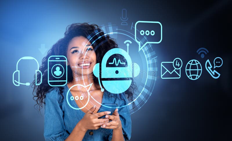 African Smiling Woman with Smartphone, Chat Bot and Social Network ... African Smiling Woman with Smartphone, Chat Bot and Social Network ...