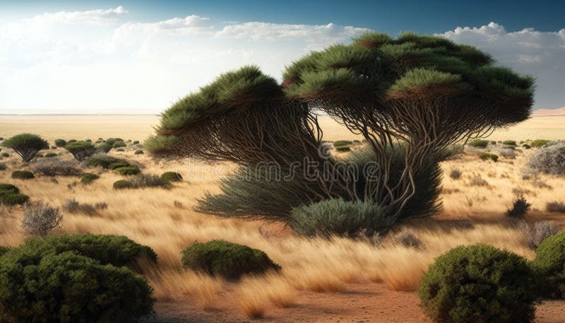 African Steppe, Light Wind, Little Green, Some Bushes, Two Trees Stock ...