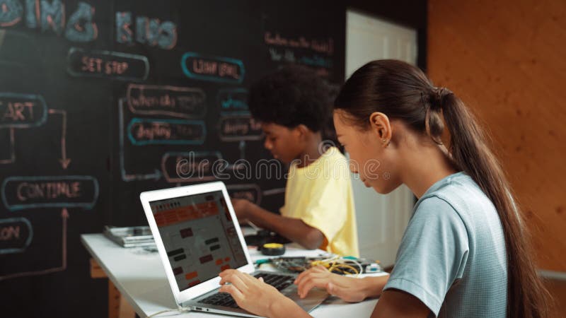 African Student Fixing Main Board while Smart Girl Coding Prompt ...