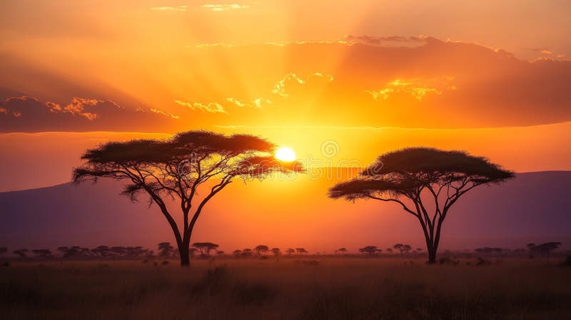African Sunset Silhouette Two Acacia Trees Landscape Stock Illustration ...