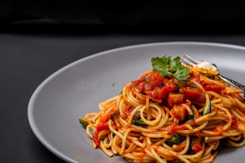African Traditional Spaghetti Pasta with Spicy Sauce and Vegetable ...